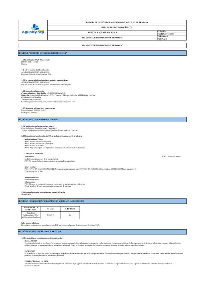 Hoja de Seguridad de Difon Brio 160 SC | PDF | Agua | Alimentos