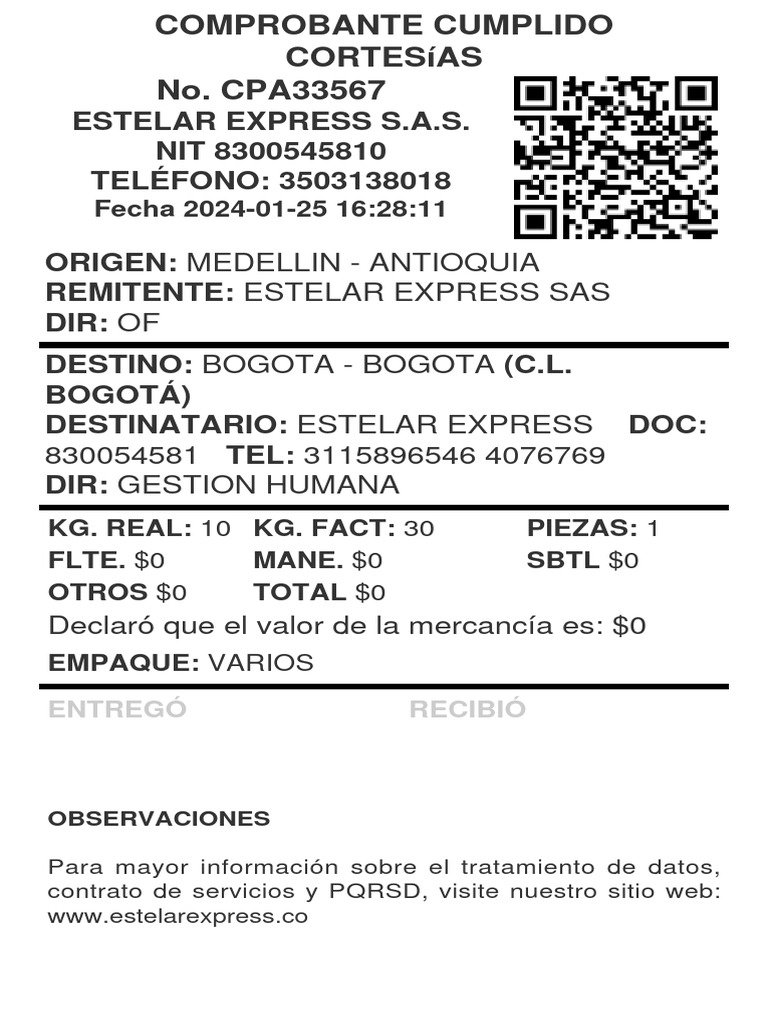 Comprobante Estelar Express NIT 830054581 | PDF