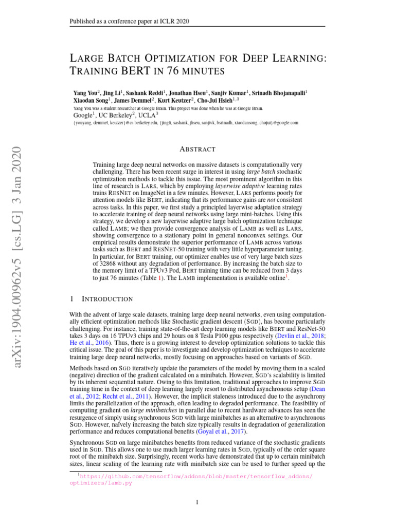 Large Batch Optimization For Deep Learning: Training Bert in 76 Minutes ...