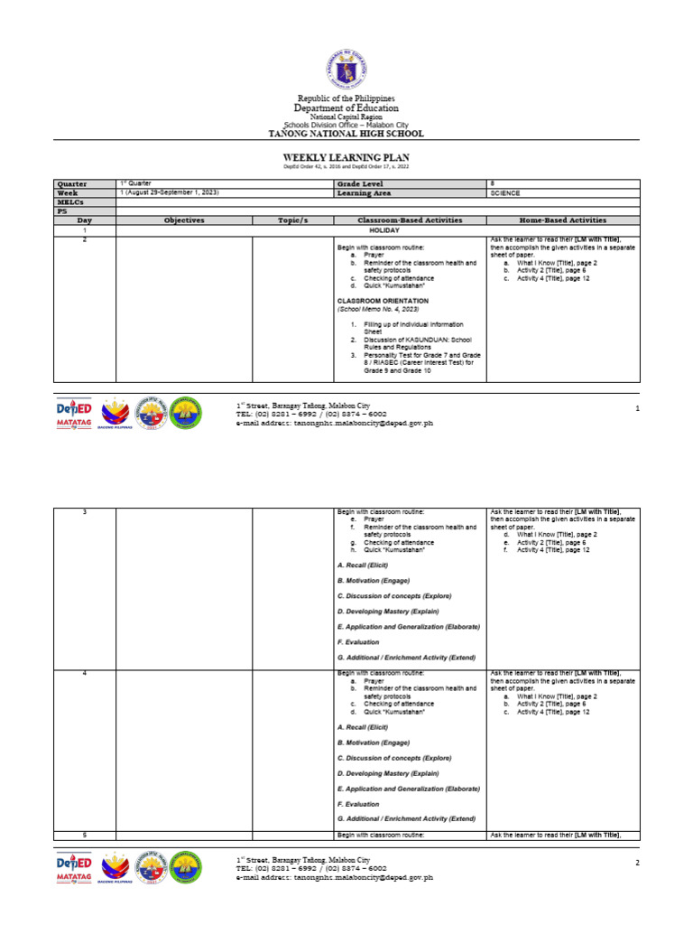 TanongNHS-WLP-2023-2024-template (2) | PDF | Teaching | Behavior Modification