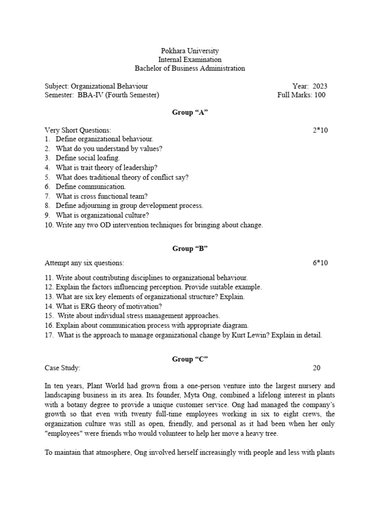 BBA Organizational Behaviour Question | PDF