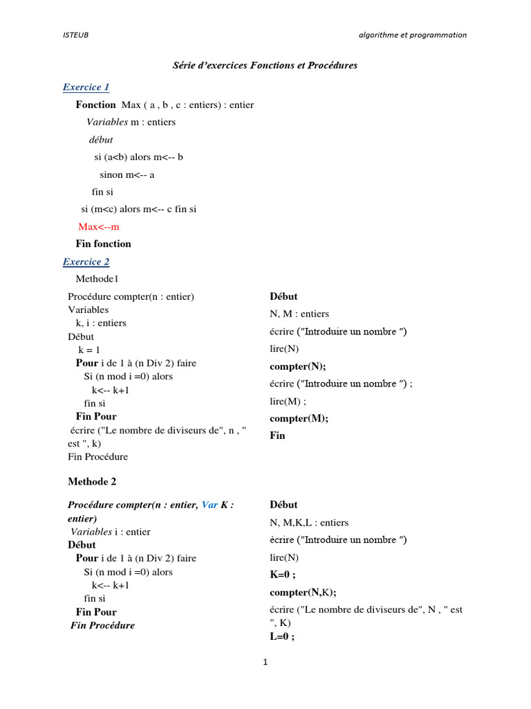 Correction Serie Fonction Et Procedure | PDF | Programmation informatique | Informatique