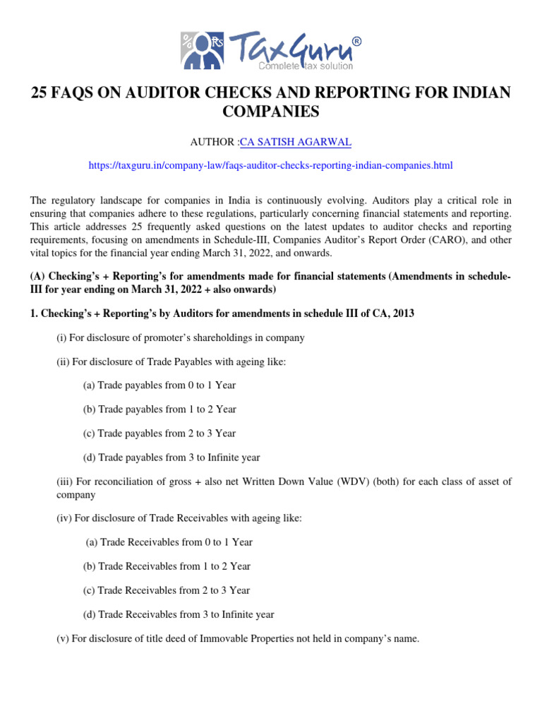 25 FAQs On Auditor Checks and Reporting For Indian Companies - Taxguru ...