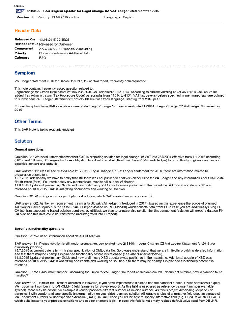 2016 Czech VAT Ledger Statement FAQ | PDF | Value Added Tax | Disclaimer