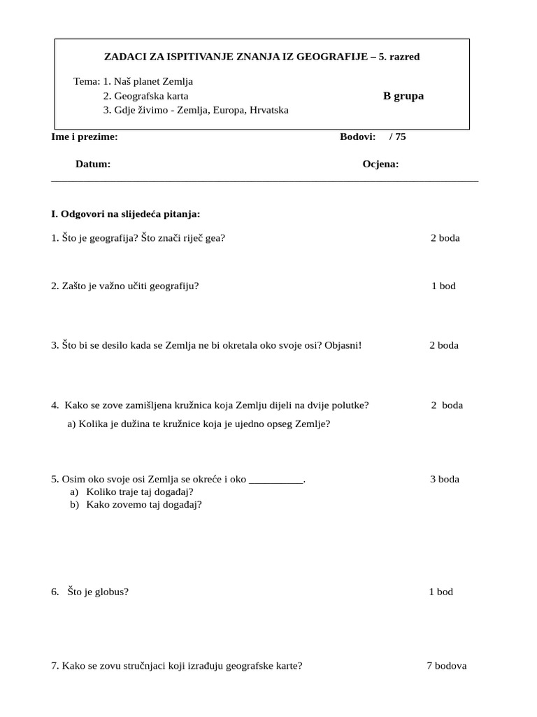 1ispit znanja I polugodita - Na planet Zemlja Geografska karta Gdje ...