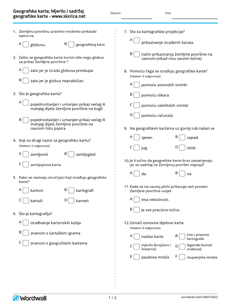 Geografska Karta Mjerilo I Sadrzaj Geografske Karte Ispit Test1 | PDF