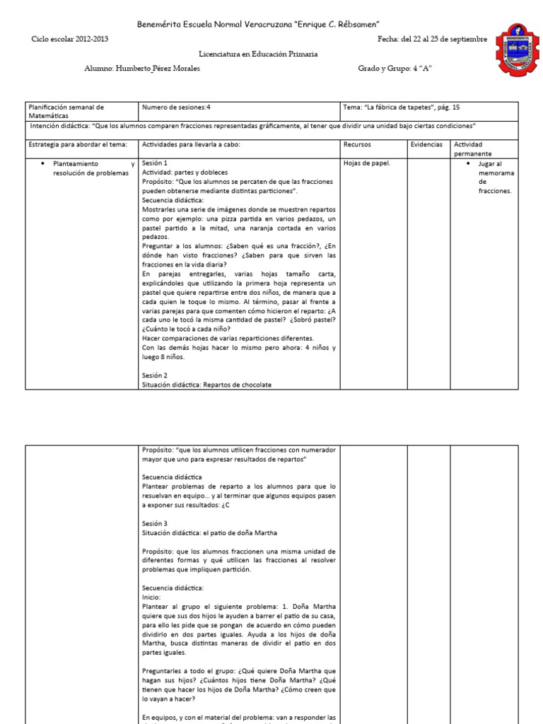 Planificación Semanal de Matemáticas | PDF