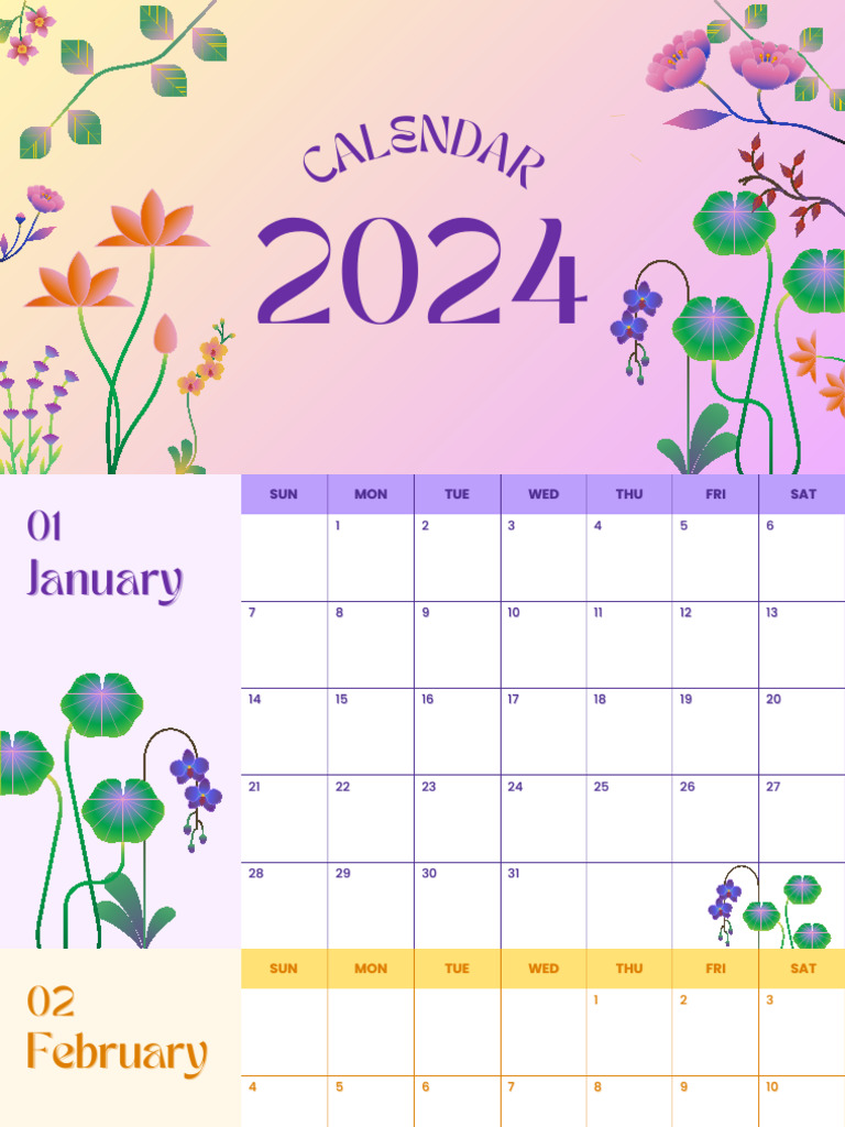 Purple Pastel Floral Minimal Monthly Calendar 2024 Calendar | PDF