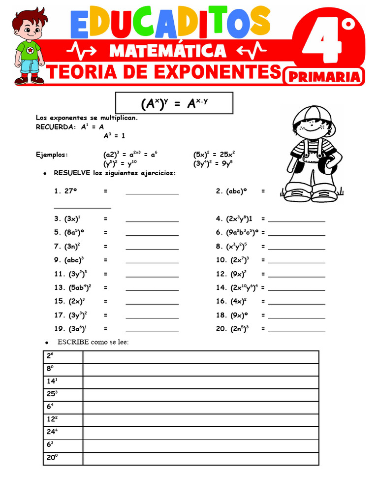 Ejercicios de Exponentes para 4º Grado | PDF | Exponenciación | Matemáticas