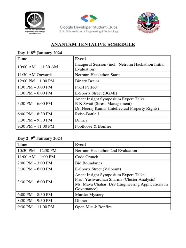 Anantam Tentative Schedule | PDF