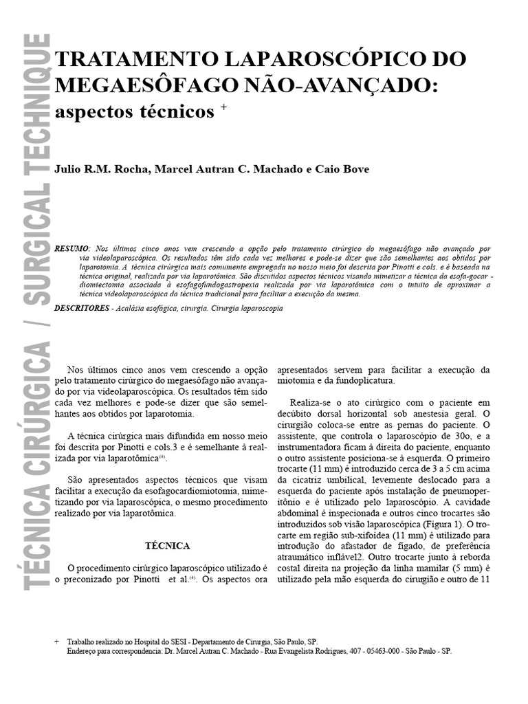 042 Tratamento Laparoscopico Do Megaesofago Nao Avancado Aspectos Tecnicos | PDF | Esôfago ...