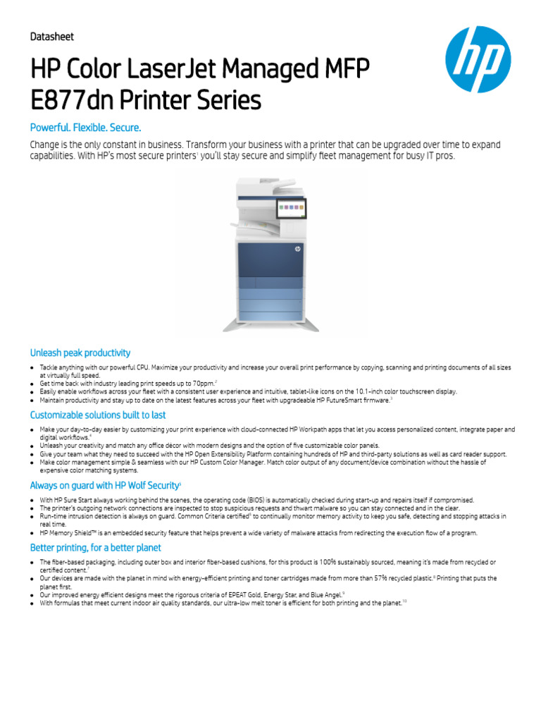 HP Color Laserjet Managed MFP E877Dn Printer Series: Datasheet | PDF | Image Scanner | Printer ...