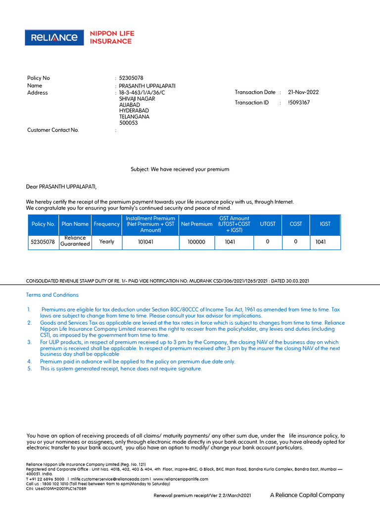 Reliance Insurance - Payment Receipt (1) 1 | PDF | Insurance | Taxes