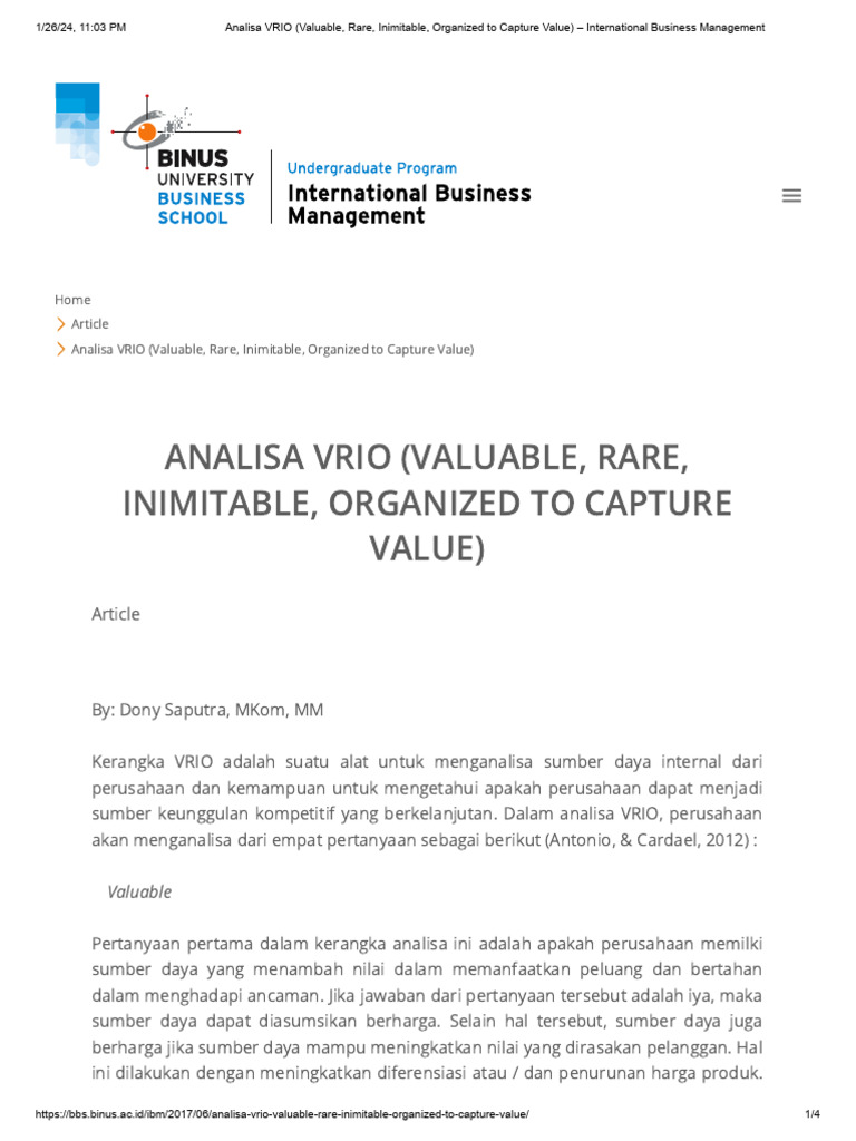 Analisa VRIO (Valuable, Rare, Inimitable, Organized To Capture Value ...