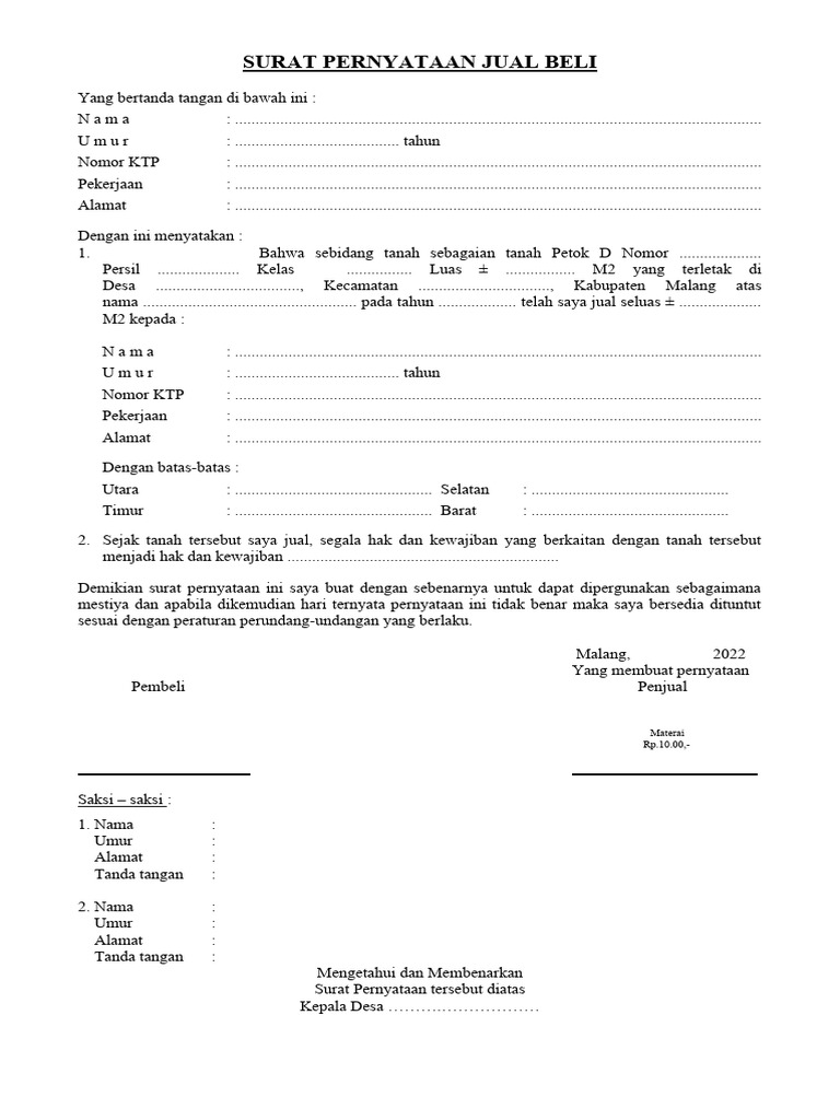 Surat Pernyataan Jual Beli | PDF