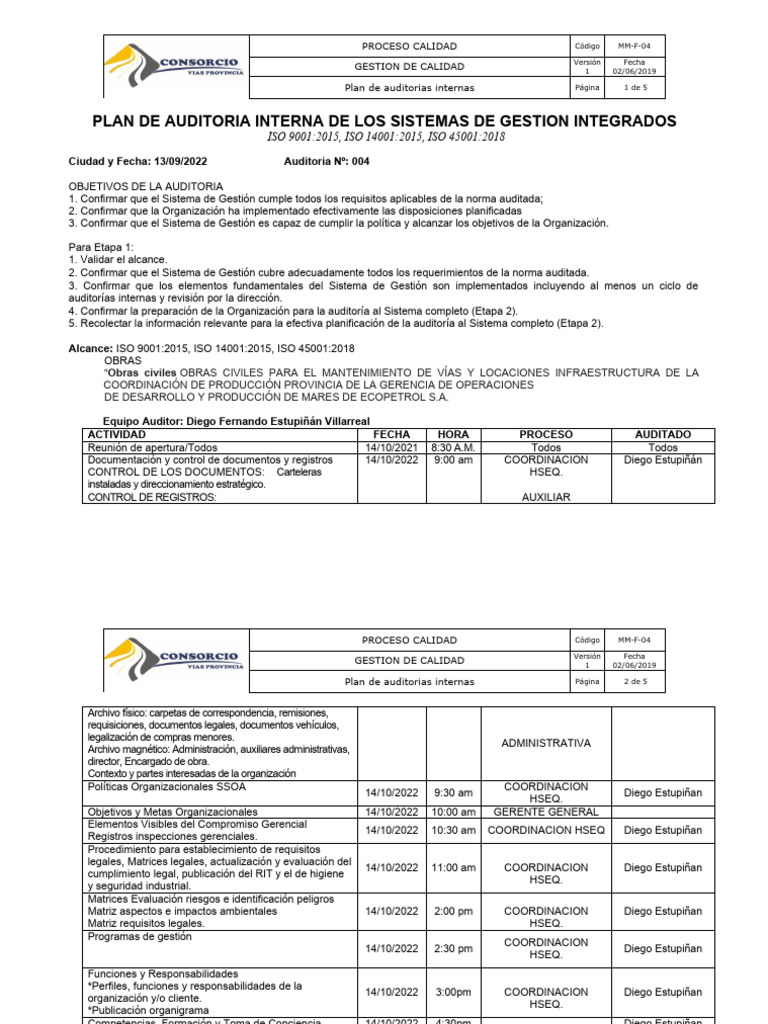 Plan de Auditoría Interna ISO 9001 | PDF | Auditoría | Sistema de ...