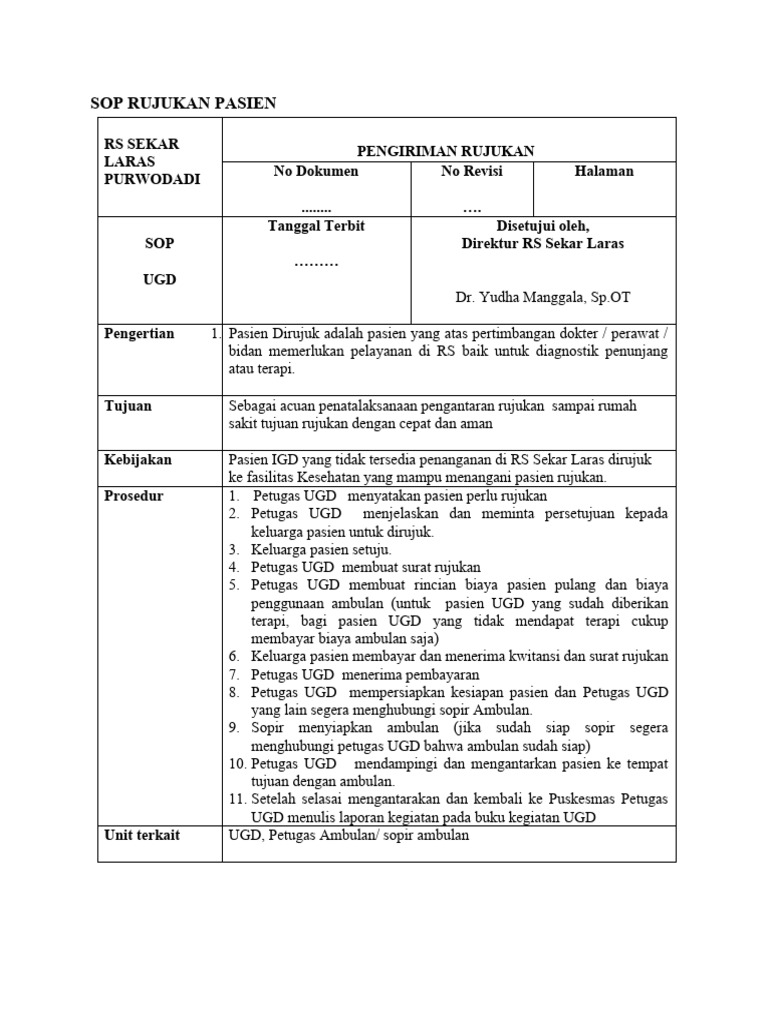 Sop Rujukan Pasien: Rs Sekar Laras Purwodadi Pengiriman Rujukan No ...