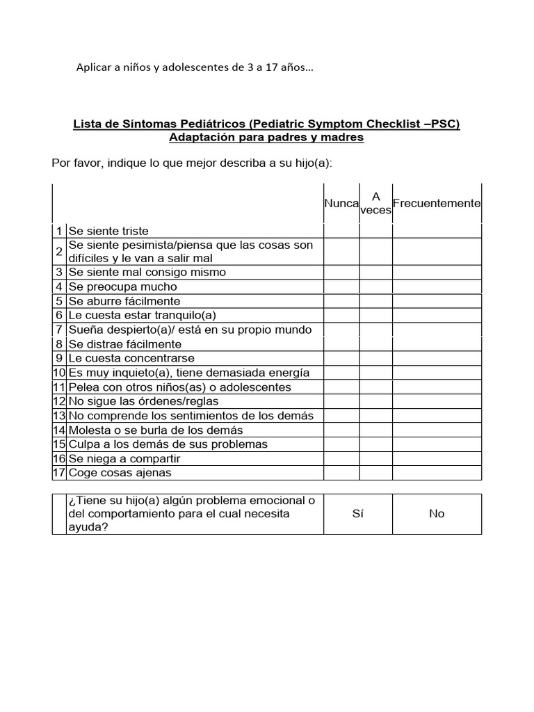 Ficha PSC Niños y Adolescentes | PDF