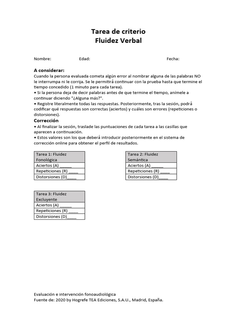 Tarea de criterio Fluidez verbal | PDF