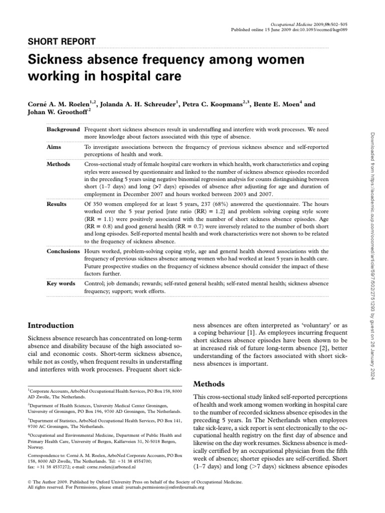 Sickness Absence Frequency Among Women Working in Hospital Care | PDF ...