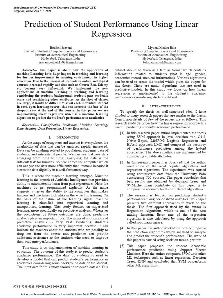 Prediction of Student Performance Using Linear Regression | PDF | Dependent And Independent ...