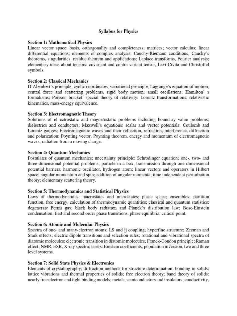 Syllabus For Physics | PDF | Electron | Quantum Mechanics