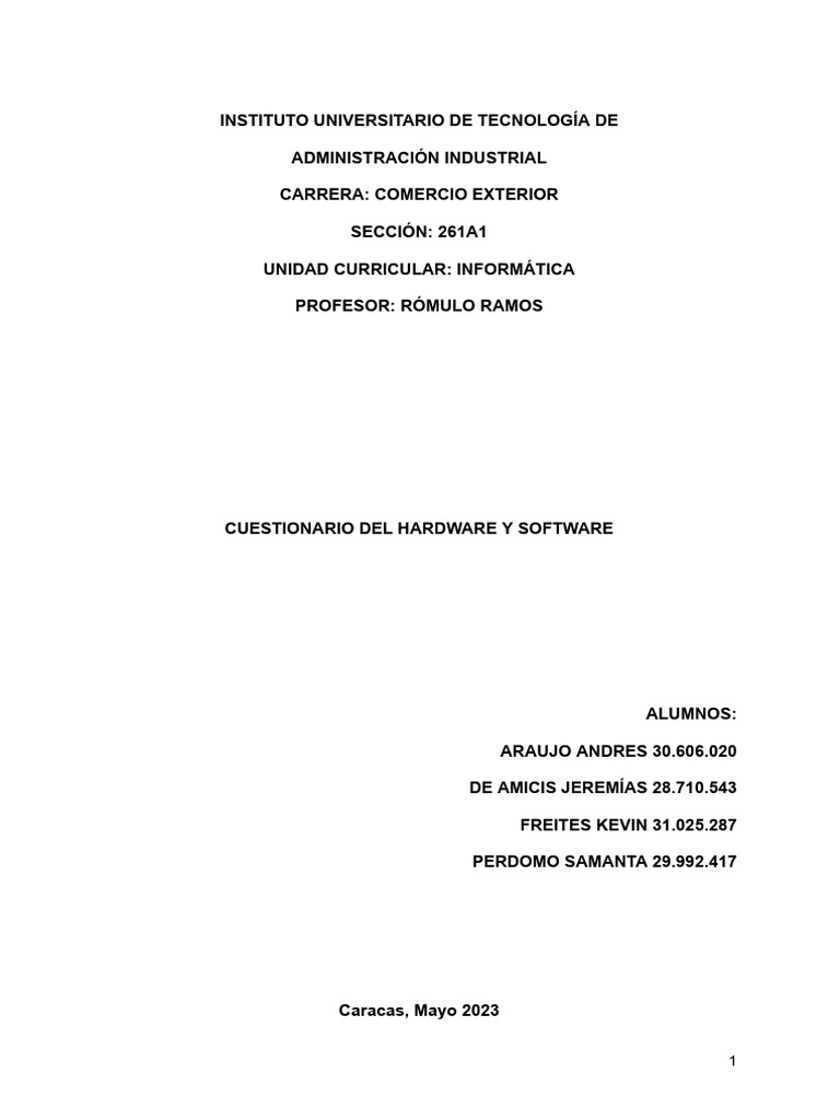Cuestionario sobre Hardware y Software | PDF | Hardware de la computadora | Software de la ...