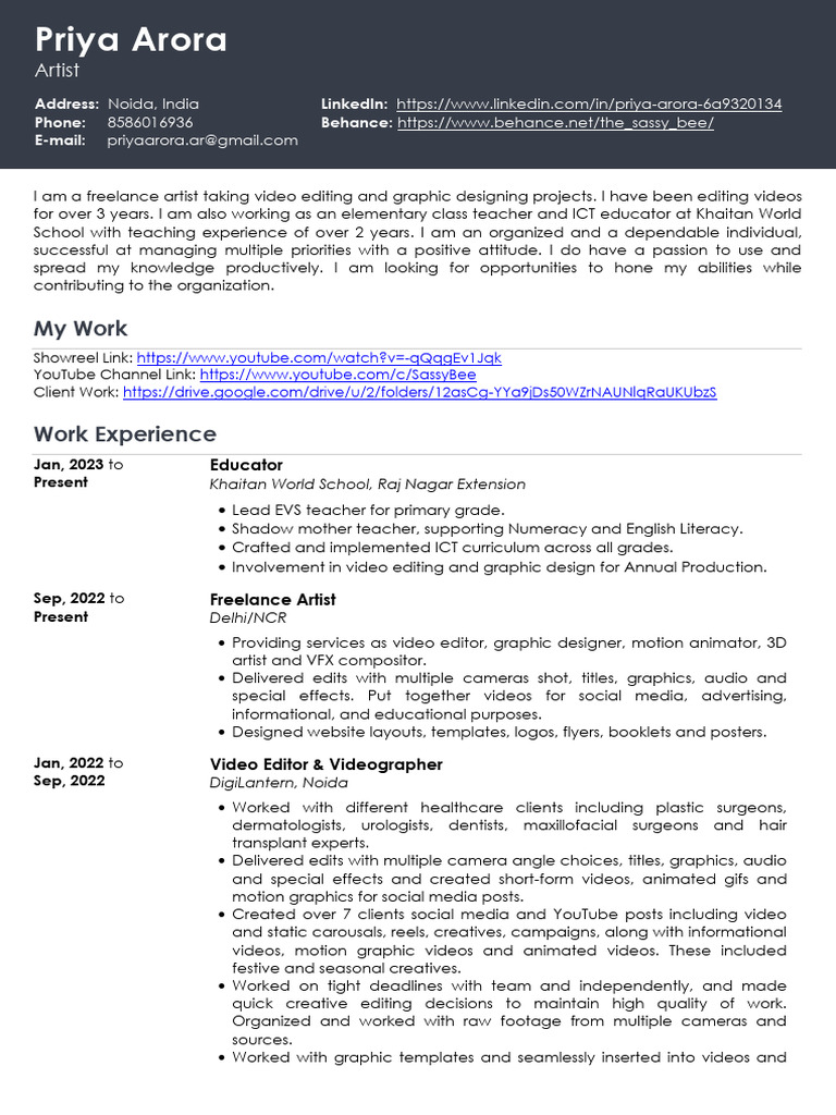Priya Arora Artist Resume | Download Free PDF | Computing