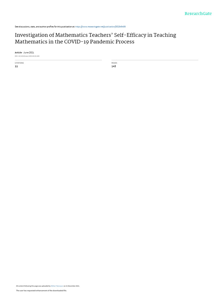 Investigation of Mathematics Teachers' Self-Efficacy in Teaching ...