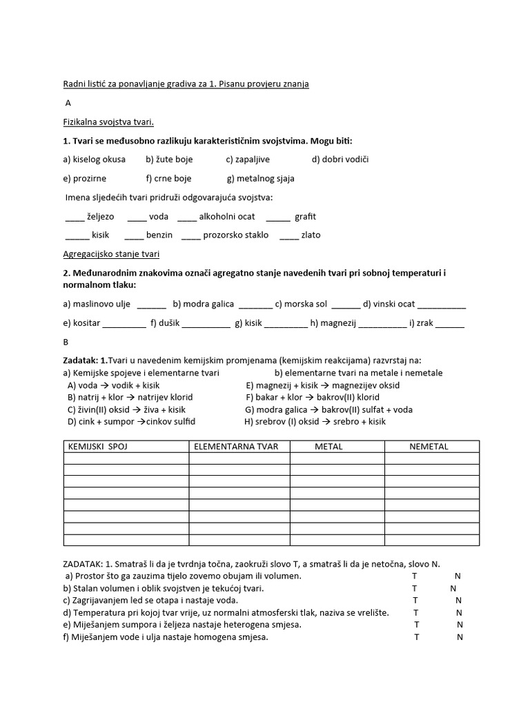 Radni listić za ponavljanje gradiva za 1 | PDF