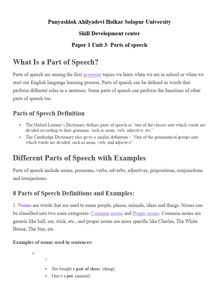 Paper 1 Unit 3 Parts of Speech | PDF | Part Of Speech | Noun