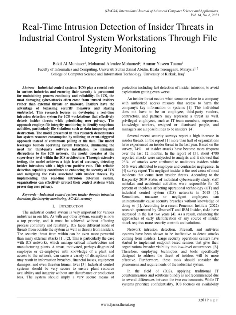 Real Time Intrusion Detection Of Insider Threats In Industrial Control