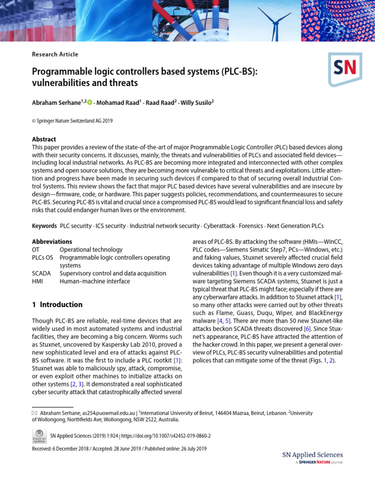 Programmable Logic Controllers Based Systems PLCBS Vulnerabilities and threatsSN Applied ...