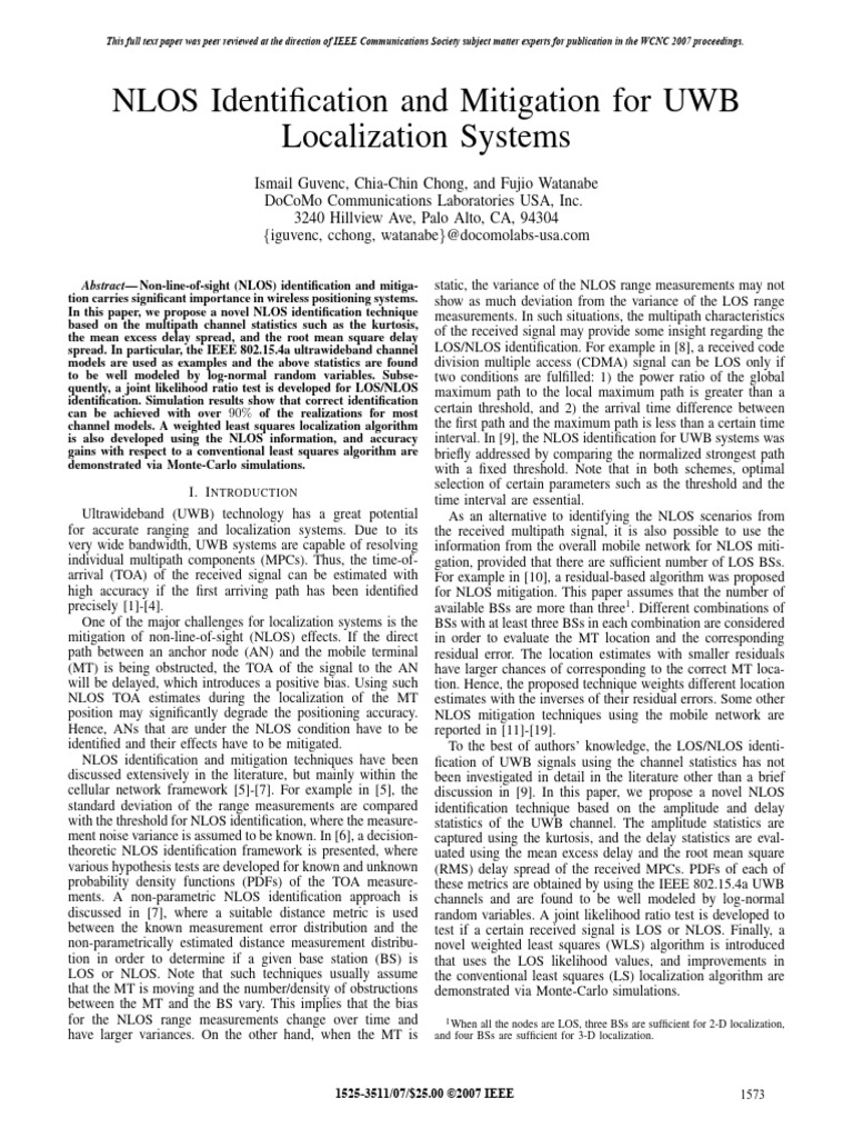 (2007 Ismail Guvenc) NLOS Identification and Mitigation For UWB | PDF | Ultra Wideband | Statistics