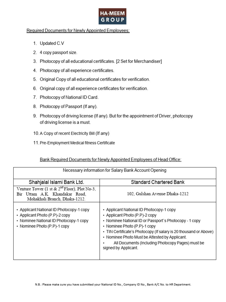 1 Necessary Documents For Newly Appointed Employees | PDF | Finance ...