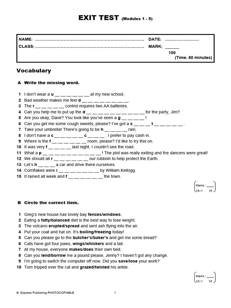 Upstream Elem A2 Exit Test 1-5 | PDF | Dogs
