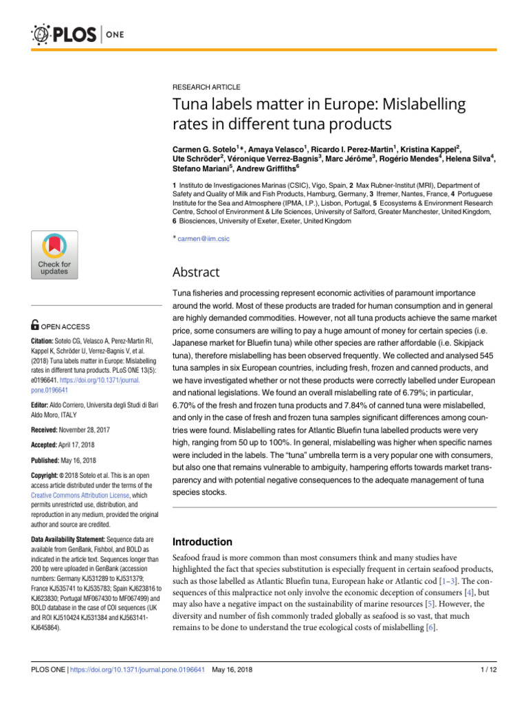 Tuna Labels Matter in Europe Mislabelling Rates in | PDF | Tuna