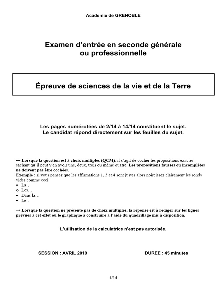 Épreuve SVT : Examen d'entrée 2019 | PDF | Système nerveux | Nerf