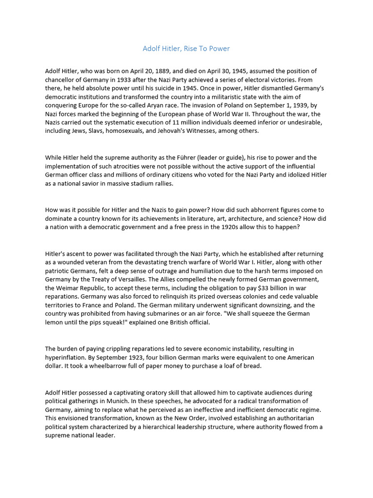 Adolf Hitler Rise To Power | PDF | Nazi Germany | Adolf Hitler