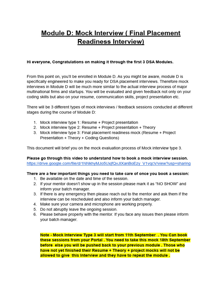 Module D - Mock Interview (Final Placement Readiness Interview) | PDF ...