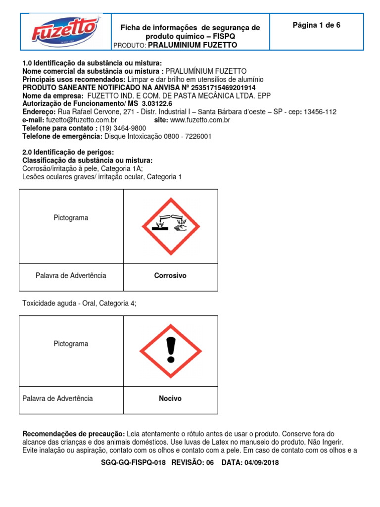 Fispq Limpa Aluminio Fuzetto | PDF | Química | Primeiros socorros
