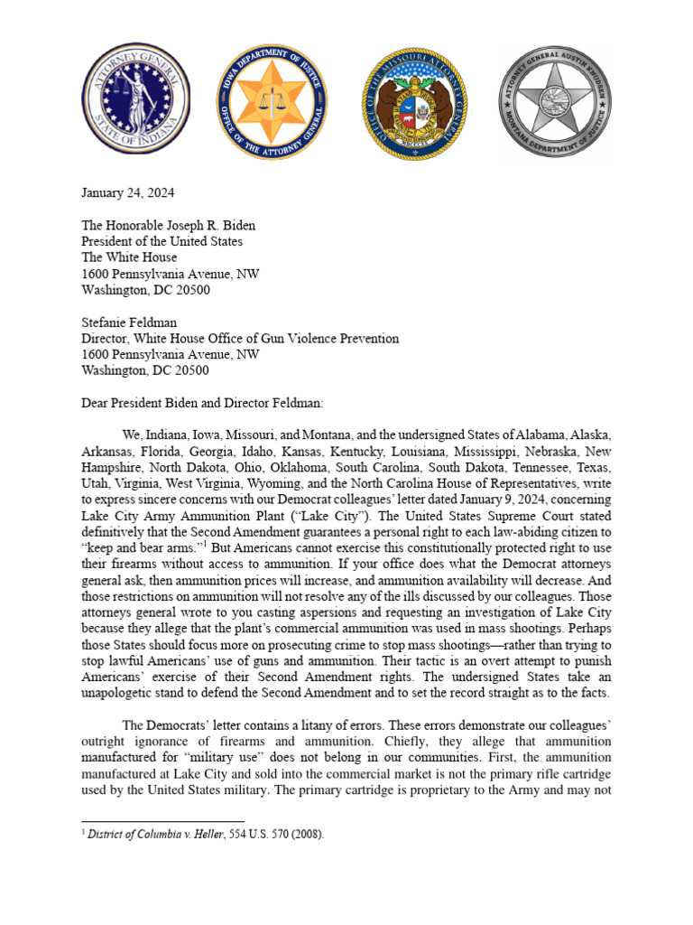 Attorney Generals Calls On Biden Administration To Protect Ammunition LETTER | PDF | Second ...