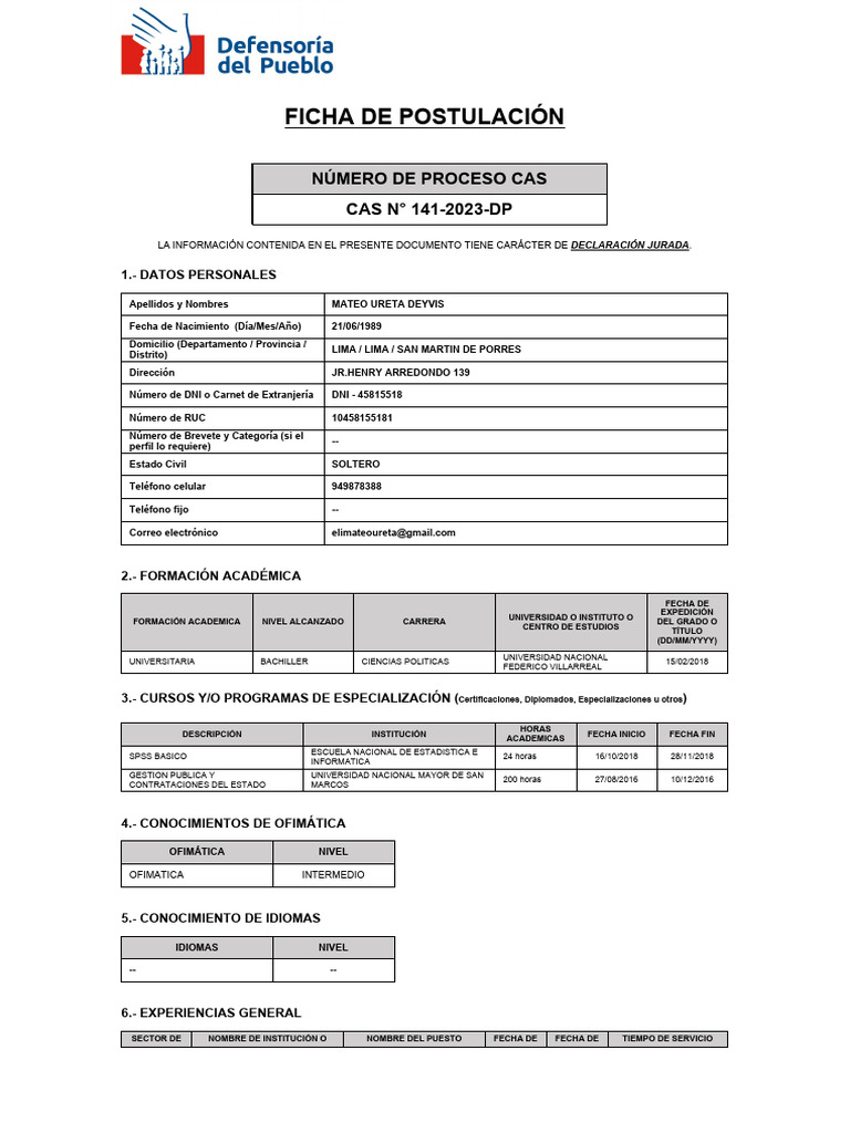 Ficha Postulante DP | PDF