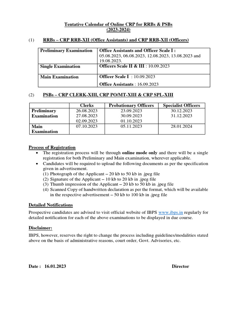 Tentative Calendar Of-Online CRP For RRBs 2023-24 | PDF