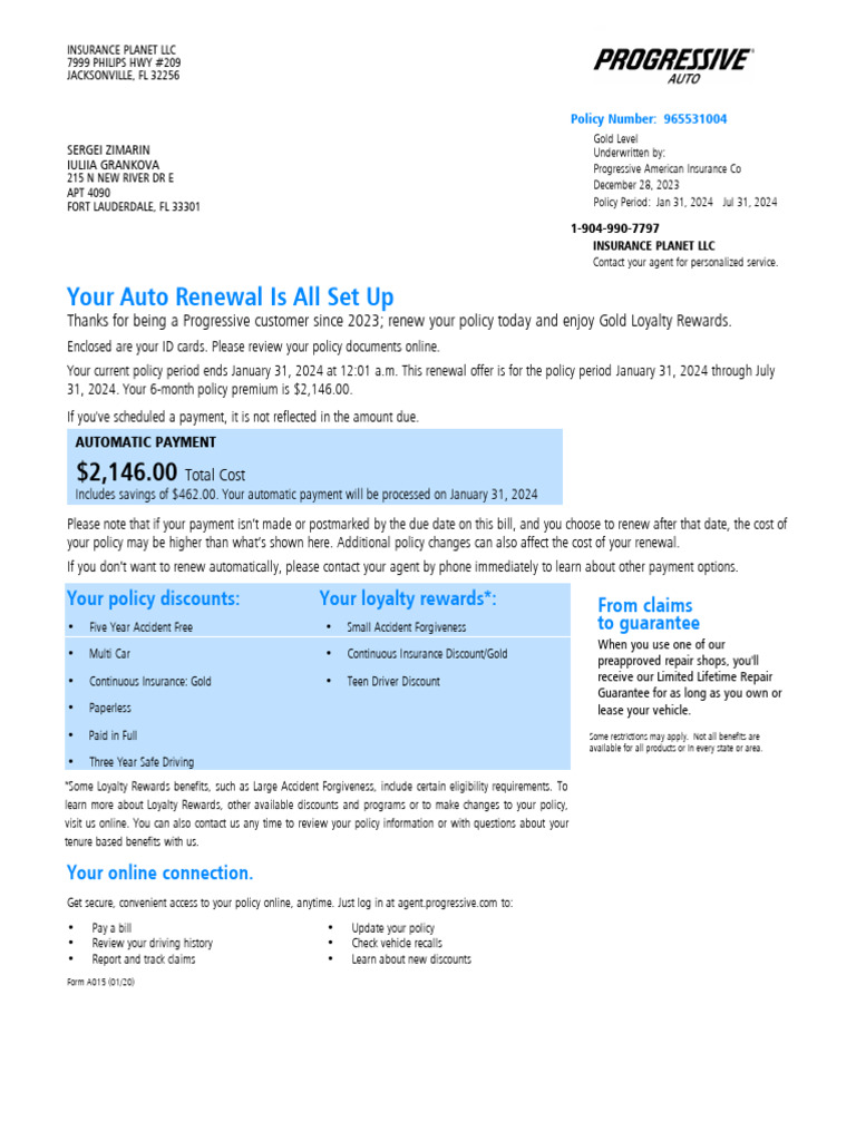 Progressive Renewal Offer $2146 | PDF | Insurance | Financial Services