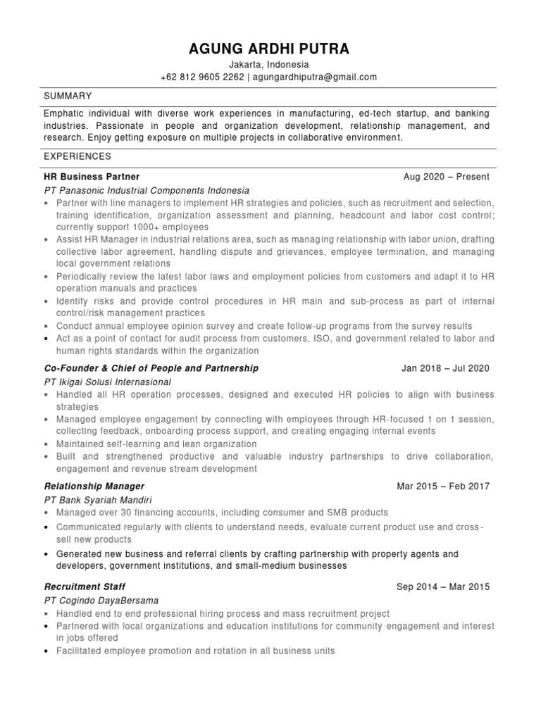Agung Ardhi Resume (2022) | PDF | Employment | Economies