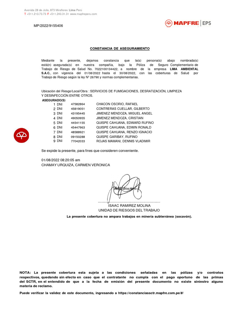Constancia de Salud SCTR Mapfre - Lima Ambiental S.A.C. Agosto. | PDF | Póliza de seguros | Seguro
