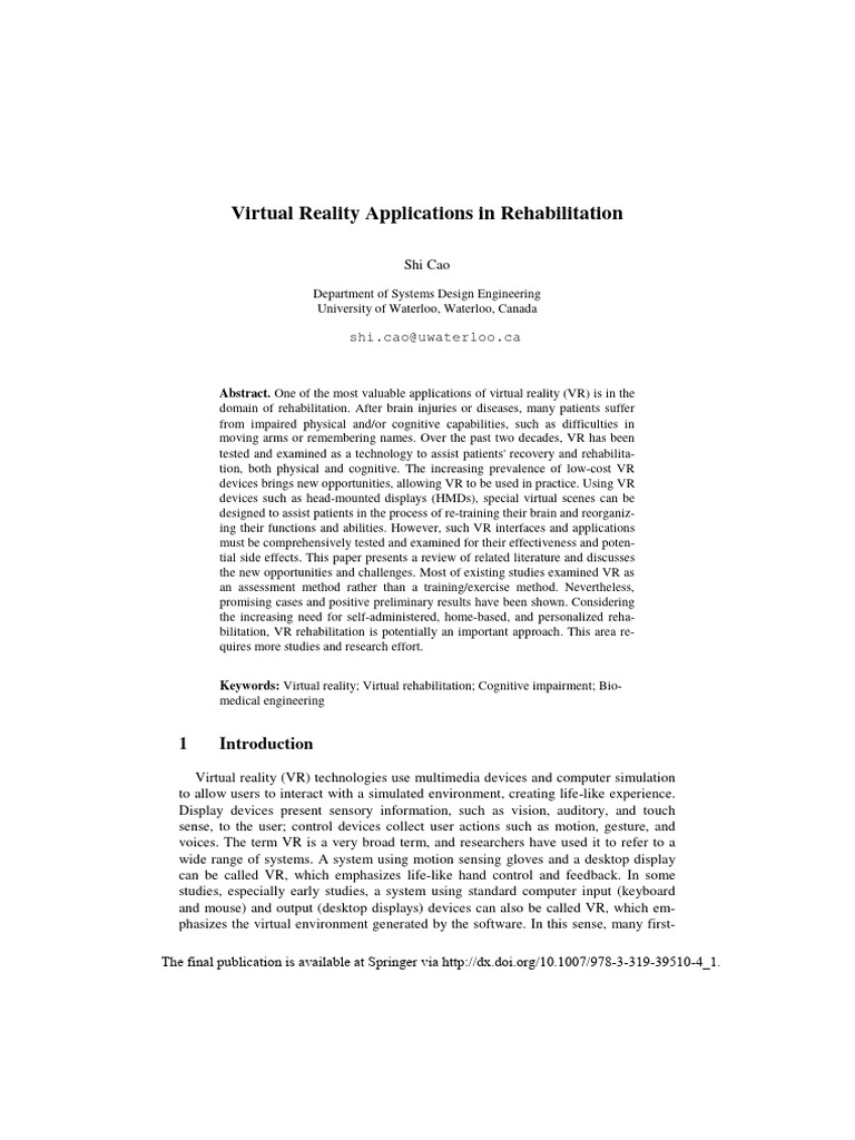 1-cao-VR Applications in Rehabilitation | PDF | Virtual Reality | Physical Therapy