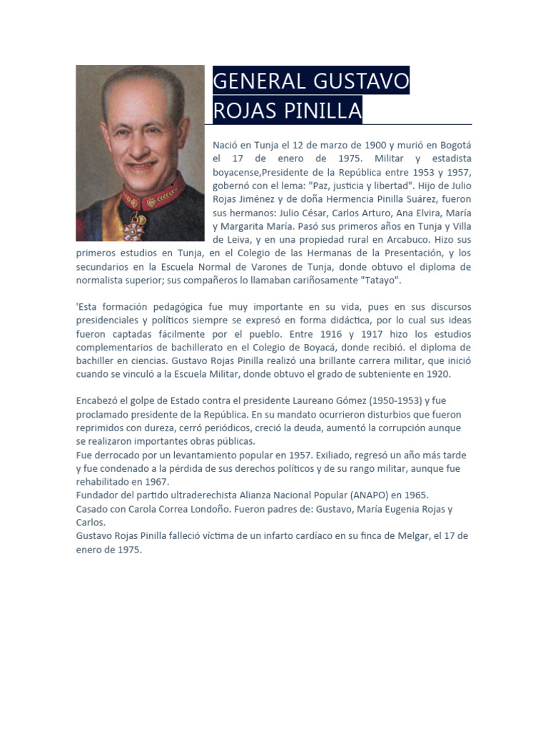 General Gustavo Rojas Pinilla | PDF | Gobierno