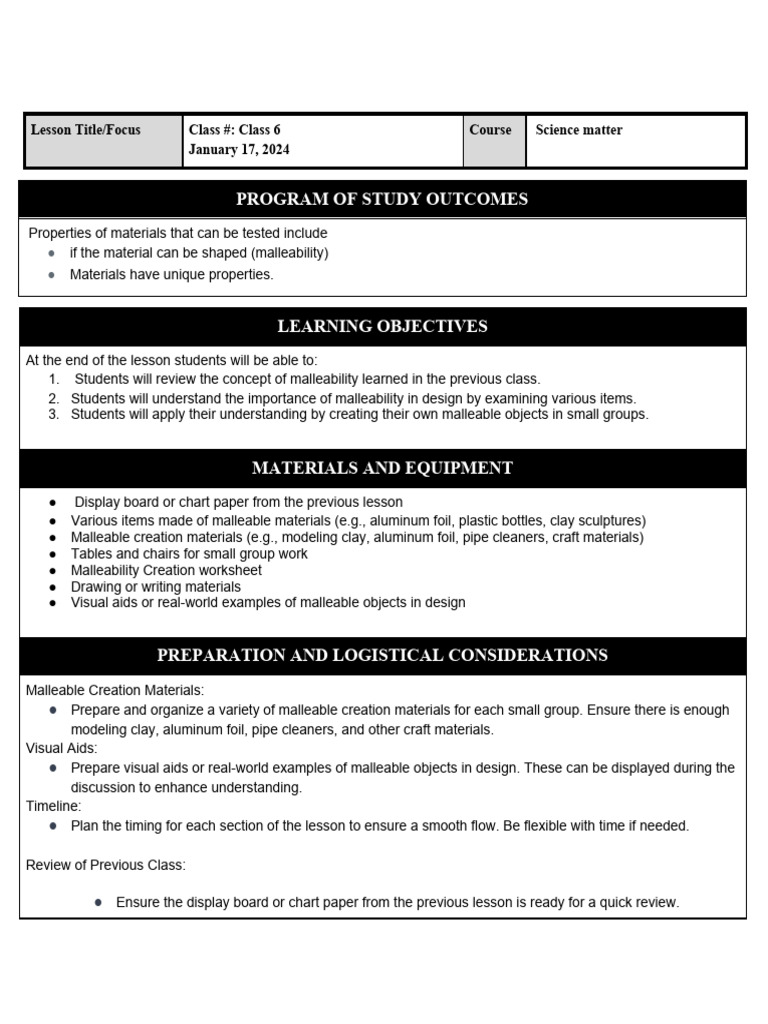 science lesson - class 6 | PDF | Design | Ductility